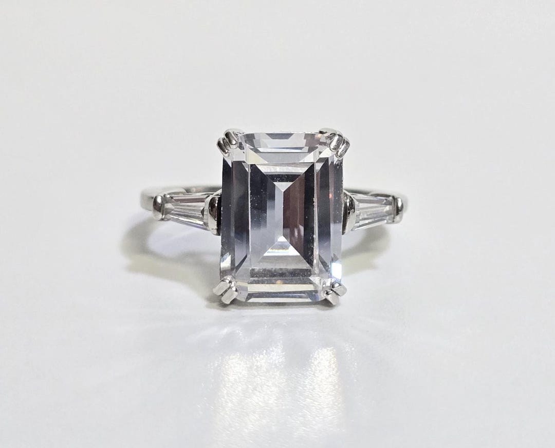 Sterling Silver CZ Emerald Cut Solitaire Engagement Ring Size 10 - Etsy