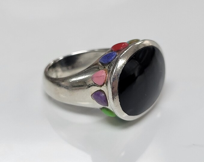 Vintage Sterling Silver Black Onyx Ring With Multi Color/ Rainbow ...