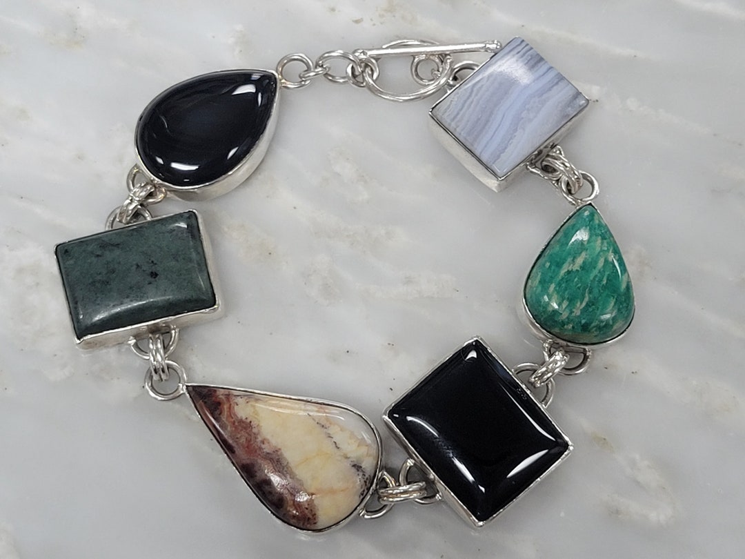 Sterling Silber Multi Color Achat Cabochon Armband / Blue Lace Achat ...