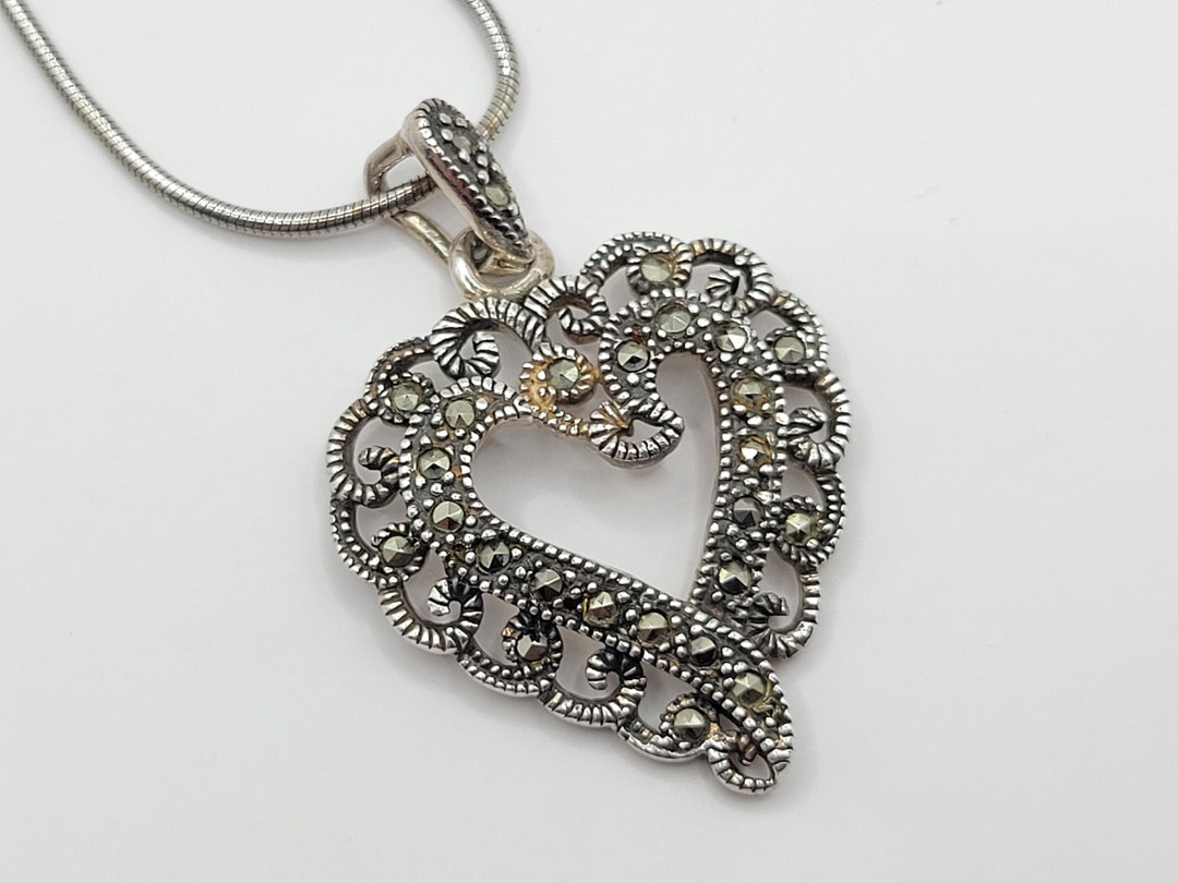 Sterling Silver Marsala Heart Marcasite Pendant With Snake Chain ...