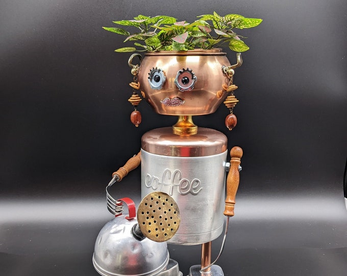 Found Object Robot With Planter Head Assemblage Art Upcycled