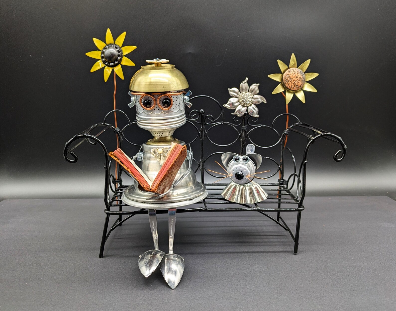 Found Object Art Sculpture: Woman Reading With Dog or Cat on Bench - Etsy