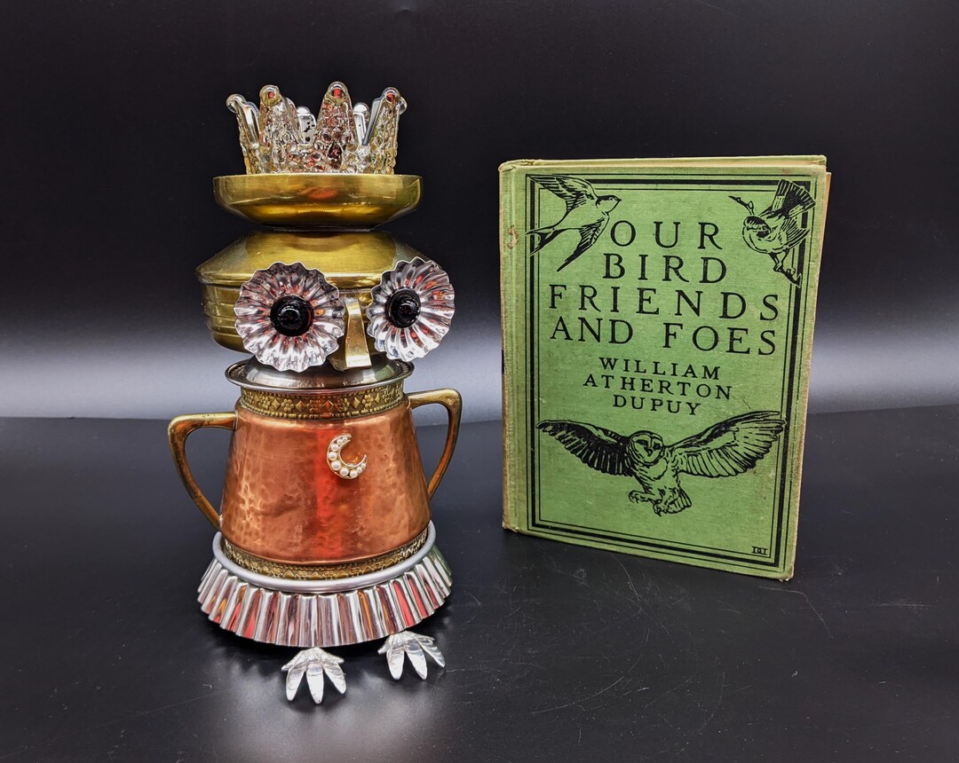 Found Object Owl Sculpture - Brass and Copper Owl With Crown - up ...