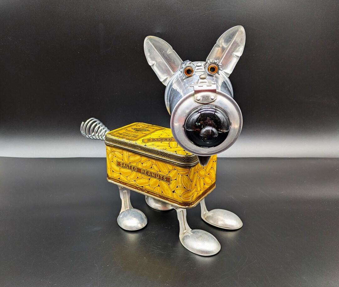 Found Object Dog Assemblage - Peanut Tin Dog - Upcycled Repurposed Dog ...