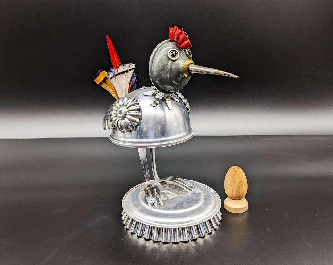 Metal Chicken Sculpture - Found Object Art - Whimsical Chicken With Egg ...