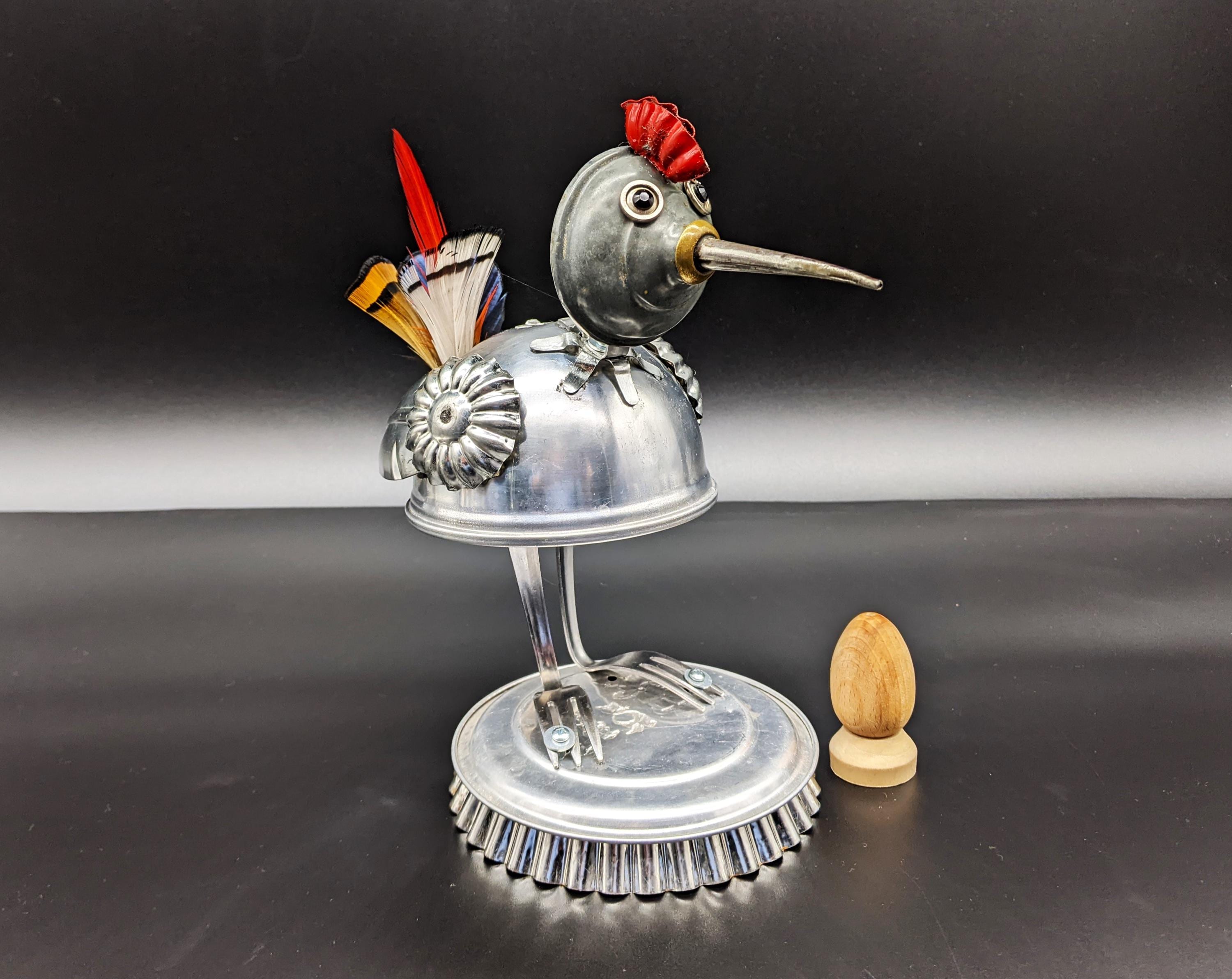 Metal Chicken Sculpture - Found Object Art - Whimsical Chicken With Egg ...