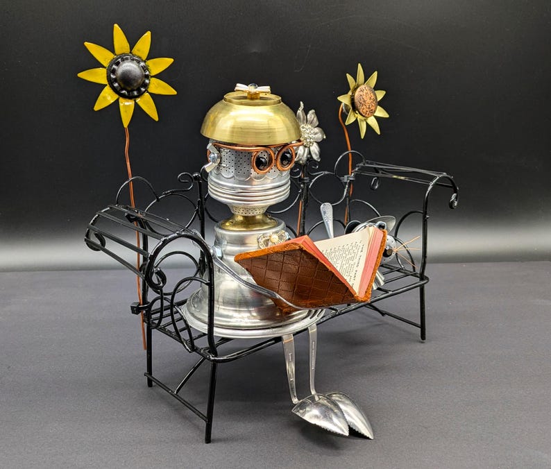 Found Object Art Sculpture: Woman Reading With Dog or Cat on Bench - Etsy