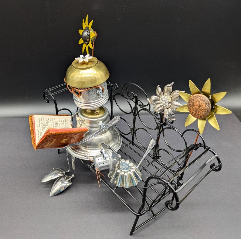 Found Object Art Sculpture: Woman Reading With Dog or Cat on Bench - Etsy