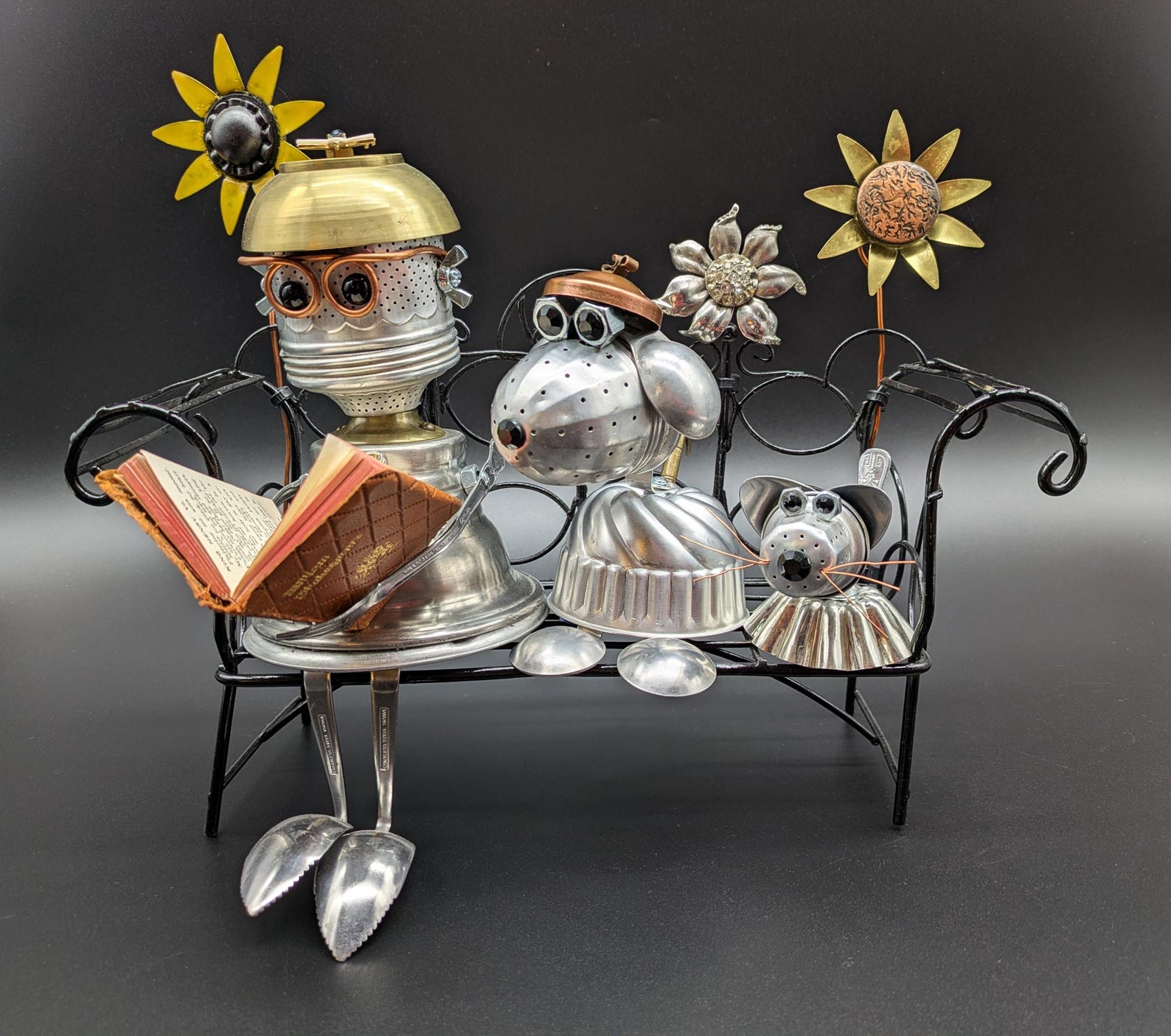 Found Object Art Sculpture: Woman Reading With Dog or Cat on Bench - Etsy