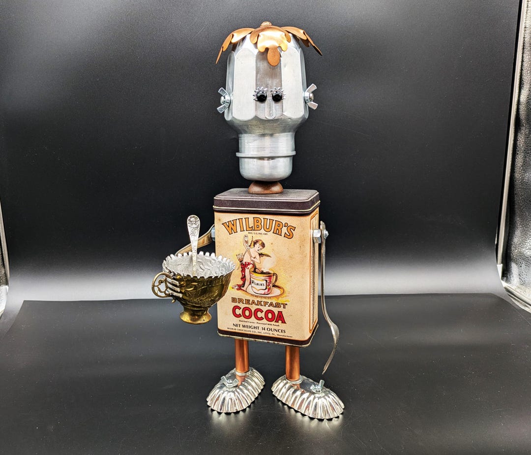 Found Object Robot - Cocoa Tin Assemblage - Upcycled Recycled ...