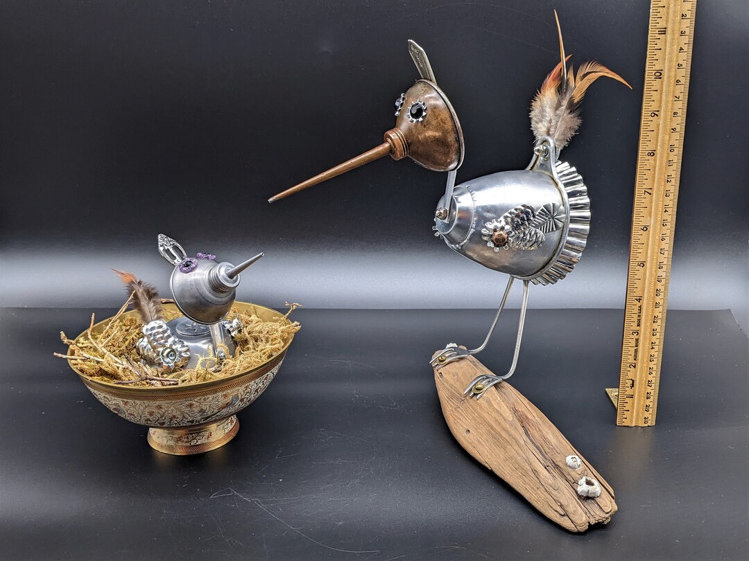 Upcycled Bird Art Sculpture: Mother and Baby Assemblage, Found Object ...