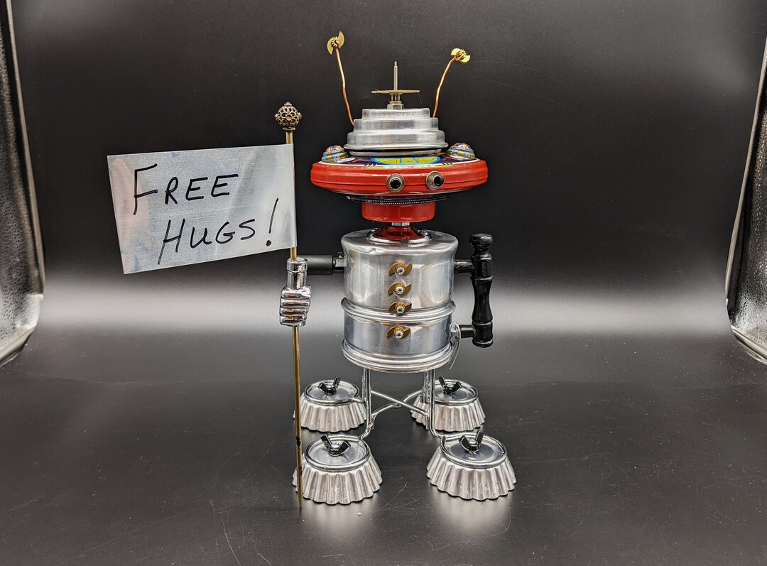UFO Tin Toy Turned Into Alien Robot Sculpture Free Hugs Found Object ...
