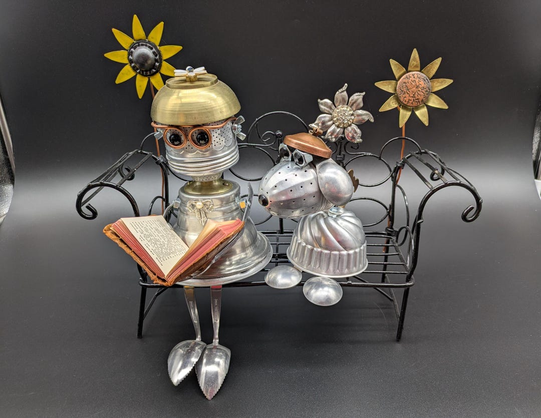 Found Object Art Sculpture: Woman Reading With Dog or Cat on Bench - Etsy