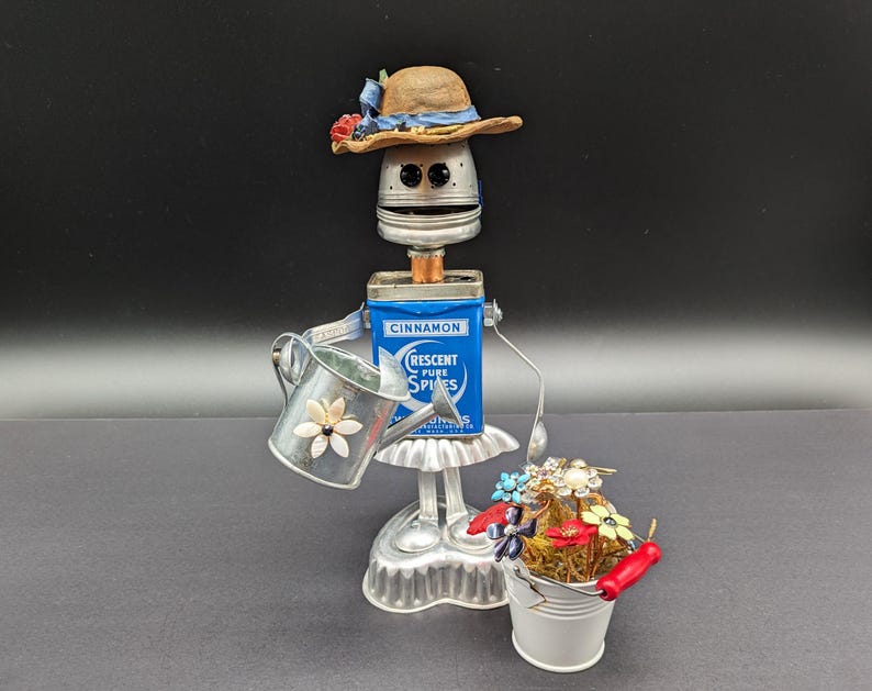 Gardener With Flowers Robot Sculpture: Found Object Art Assemblage ...