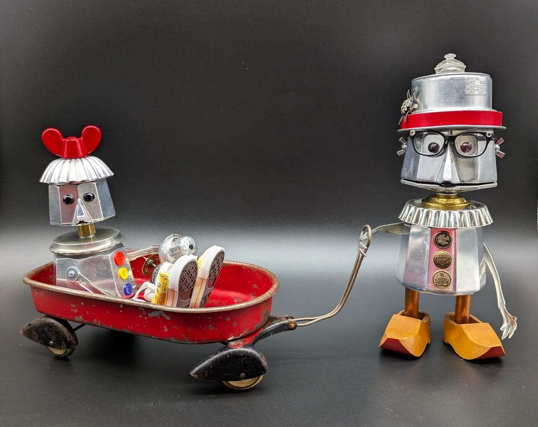 Mother and Child in Wagon With Dog - Found Object Robot Art ...
