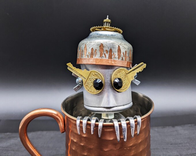 Good Luck Gremlin Living in Copper Mug Found Object Robot Art ...