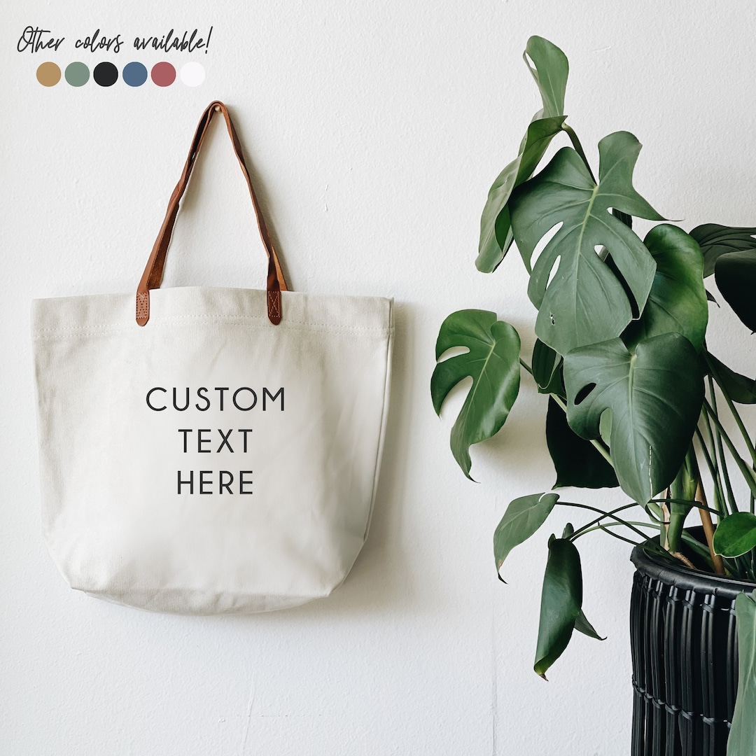 Custom Text Leather Strap Canvas Tote Bag (WIDE)- Personalized Bag ...