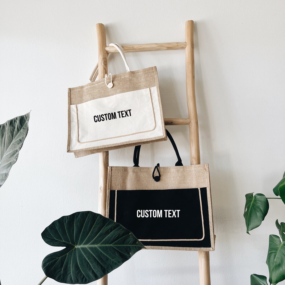 Custom Text Jute Canvas Tote Bag Two Toned-personalized Wedding Tote ...