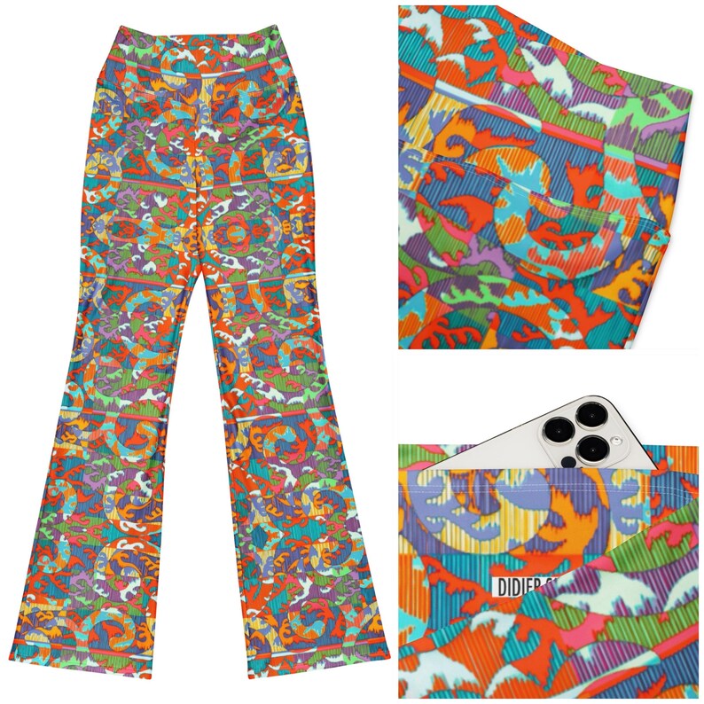 Colorful Flare Pants 70s Style Japanese Wave Pattern Geometric Retro ...