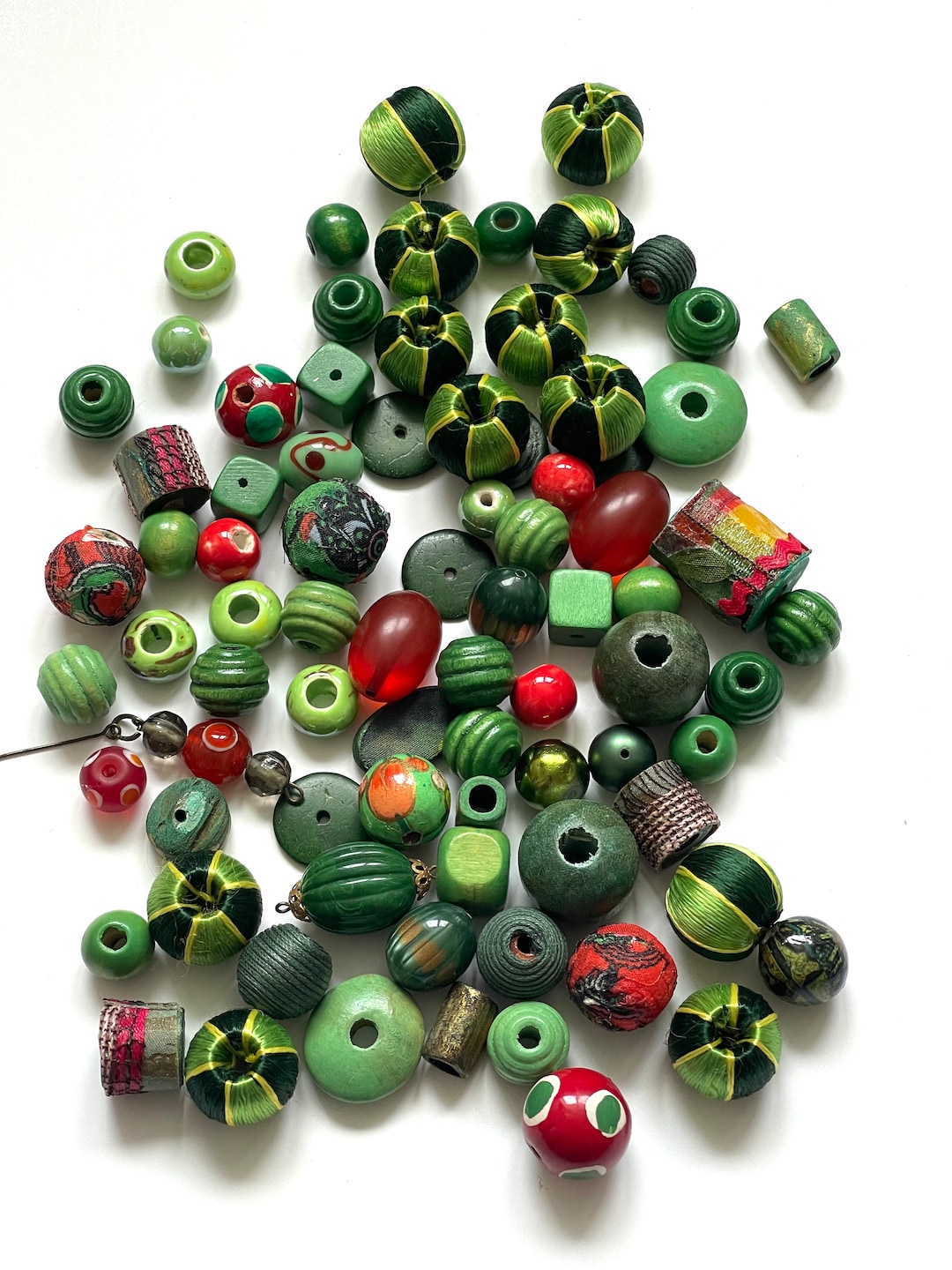 Green Red Lot of Beads Fabric Collage and Hand Painted Wooden Handmade ...
