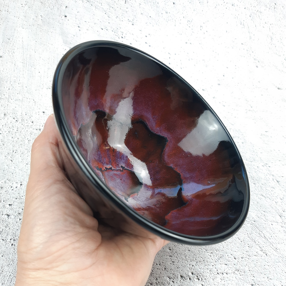 Medium Wine Wave Stoneware Bowl, Black Red Ceramic Bowl, Dish ...