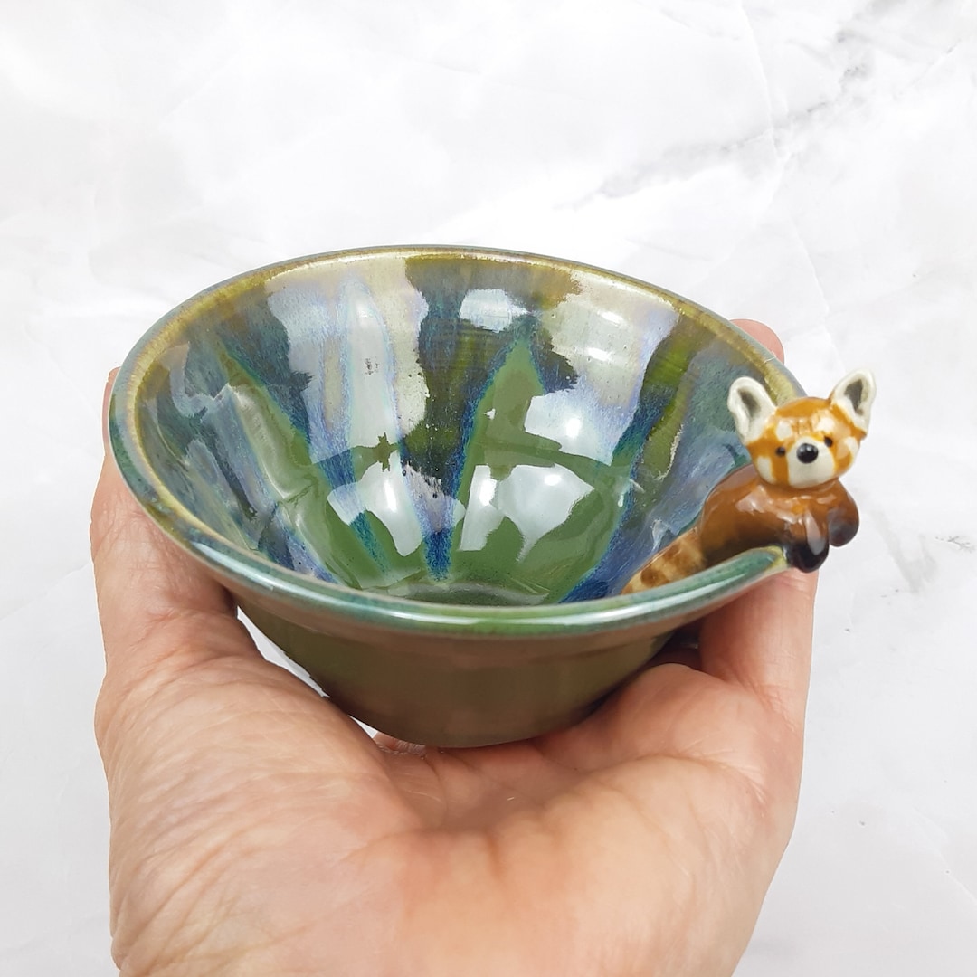 Red Panda Green Pottery Bowl, Red Panda Figurine Ceramic Bowl, Dish ...