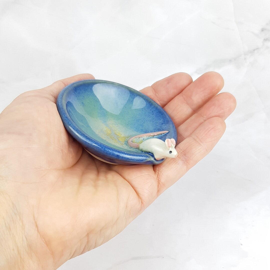 DSW Blue Green Stoneware Dish White Mouse Figurine Ceramic - Etsy