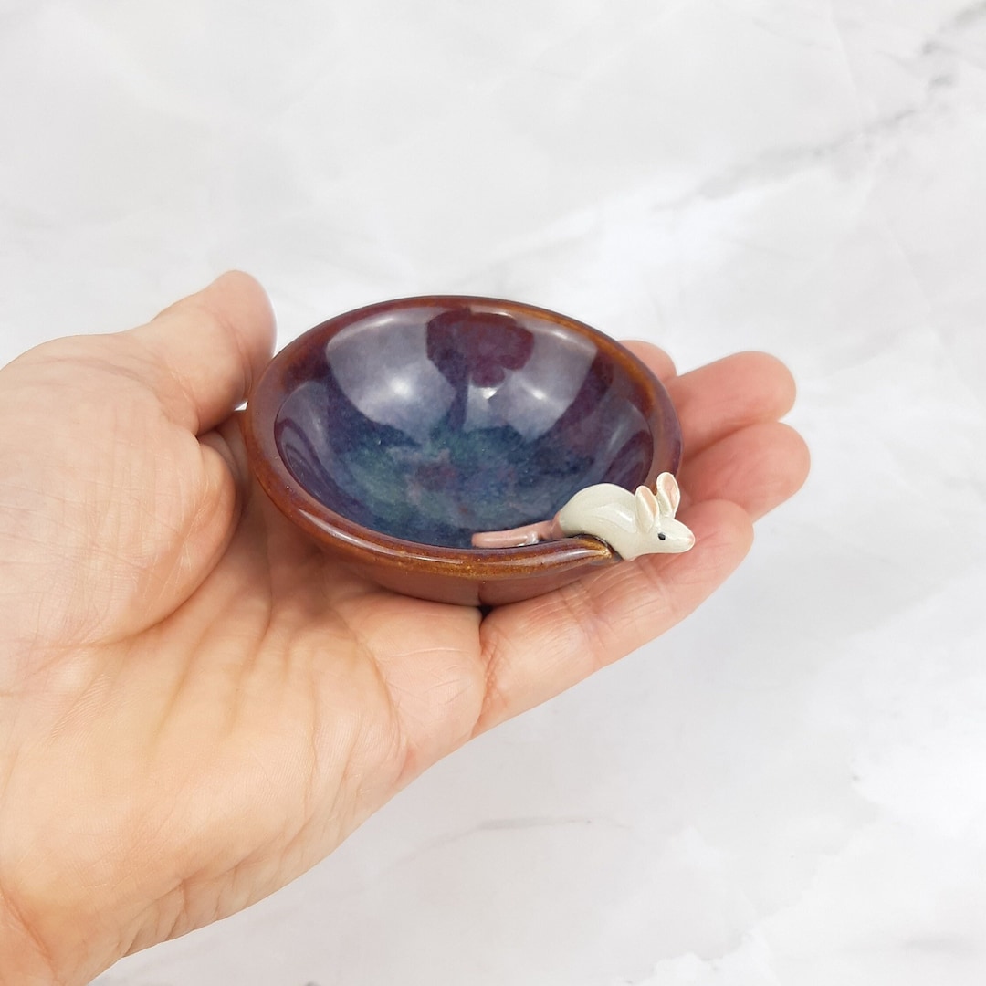 VS Small Mouse Purple Pink Stoneware Bowl, White Mouse Figurine Ceramic ...