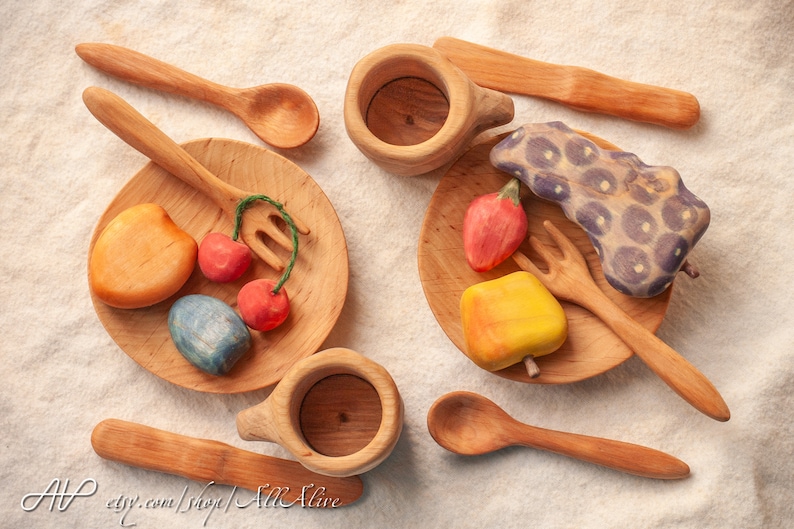 Wood Play Food Wooden Toy Flatware Cutlery Set With Teacup | Etsy