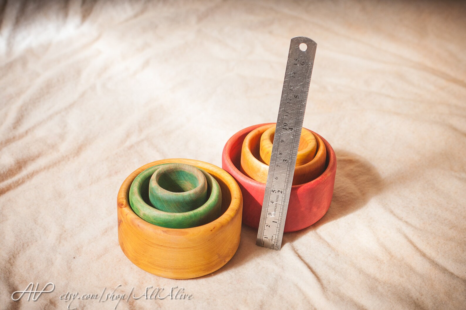 Wooden Rainbow Pyramid Stacking & Nesting Bowls Cups Colorful | Etsy