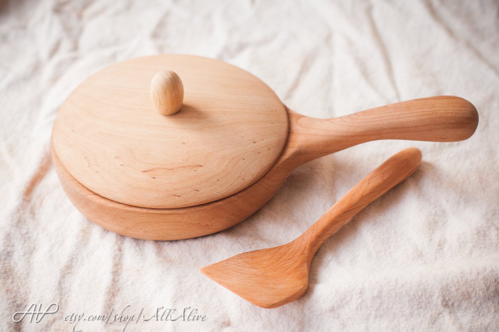 Wooden Toy Small Pan With Lid Spatula Pancakes Wood Play | Etsy
