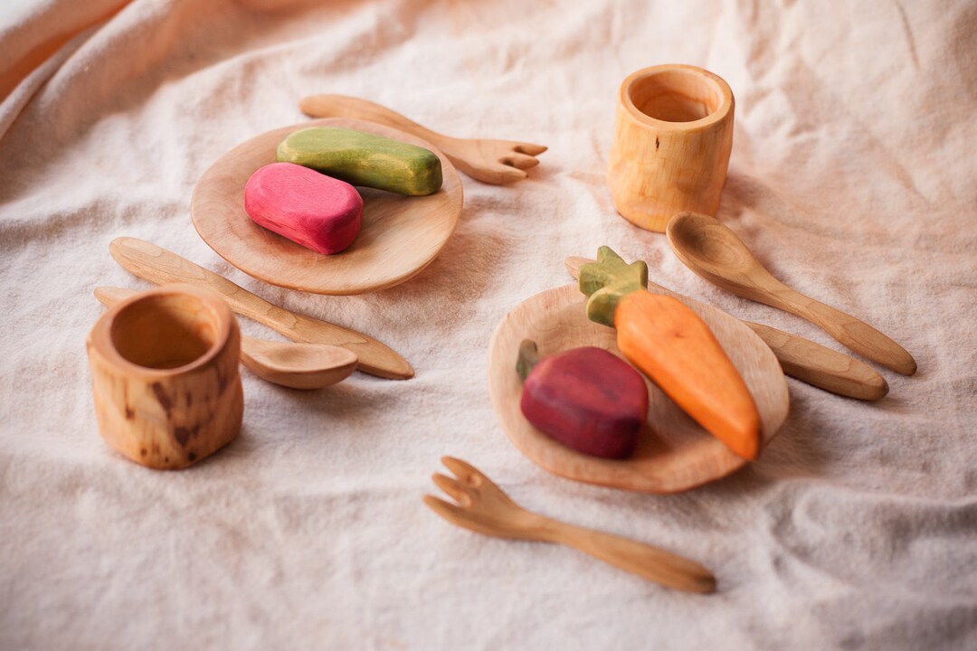 Wood Play Food - Wooden Toy Flatware Cutlery Set - Plate Glass Spoon ...