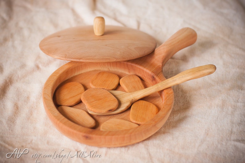 Wooden Toy Big Pan With Lid - Spatula - Pancakes - Wood Play Food ...