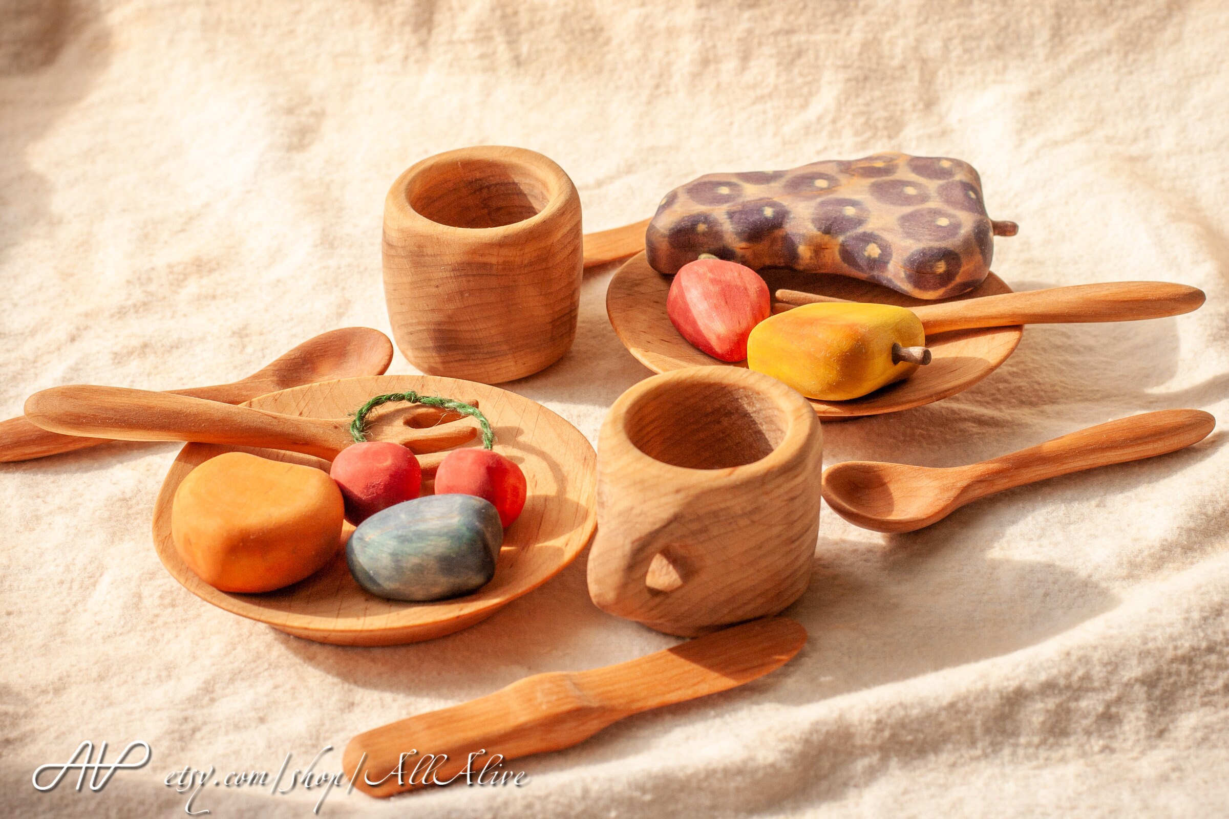 Wood Play Food. Wooden Toy Flatware Cutlery - Wooden Teacup. Waldorf ...
