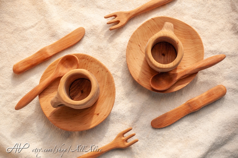 Wood Play Food Wooden Toy Flatware Cutlery Set With Teacup | Etsy