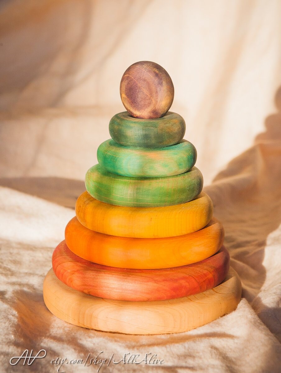 Wooden Rainbow Pyramid Stacking Toy Colorful Waldorf Toys - Etsy