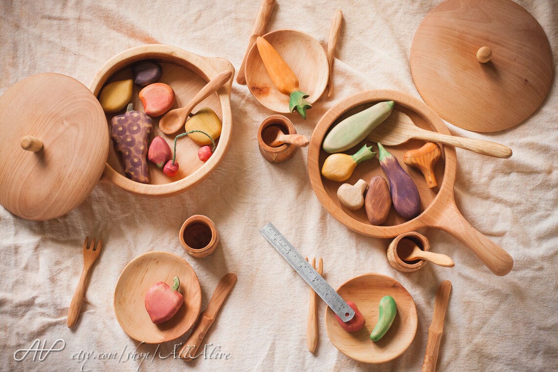 Wooden toy Big Pan with Lid Spatula Pancakes Wood play | Etsy