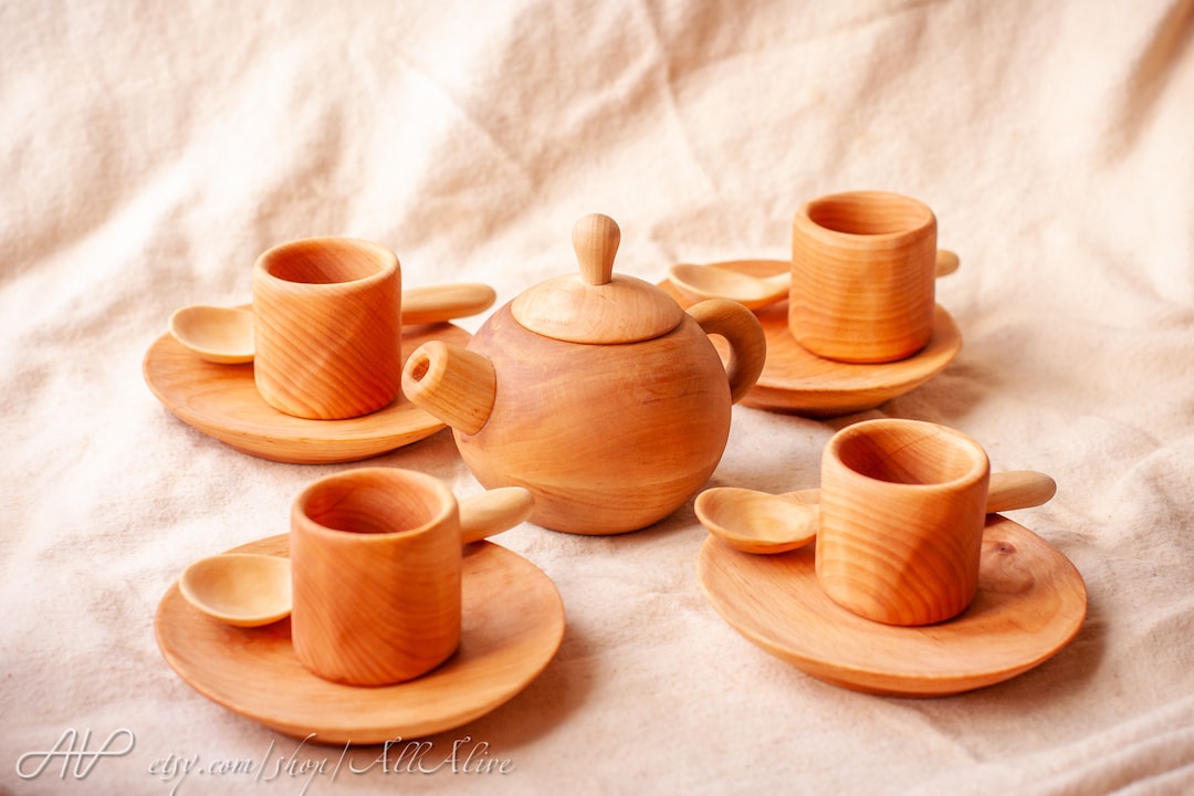 Wooden Tea Service Teapot With Cups Plates Spoons Wood - Etsy