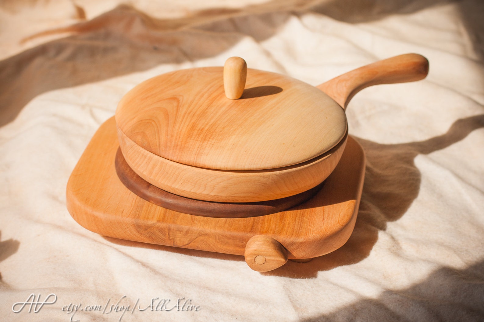 Wooden Toy Big Pan With Lid - Spatula - Pancakes - Wood Play Food ...