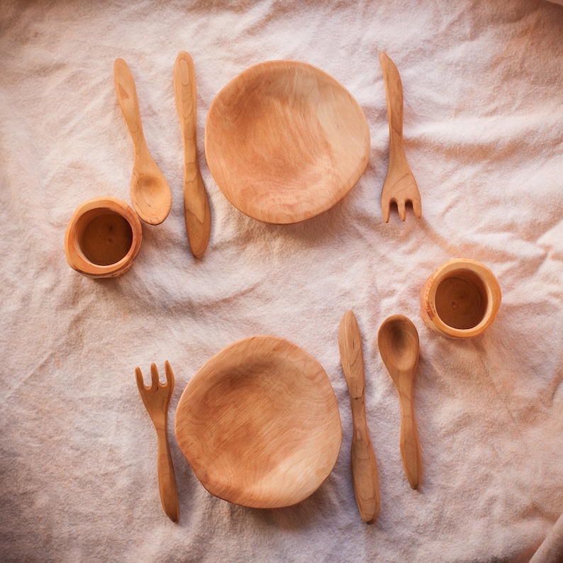 Wood Play Food - Wooden Toy Flatware Cutlery Set - Plate Glass Spoon ...