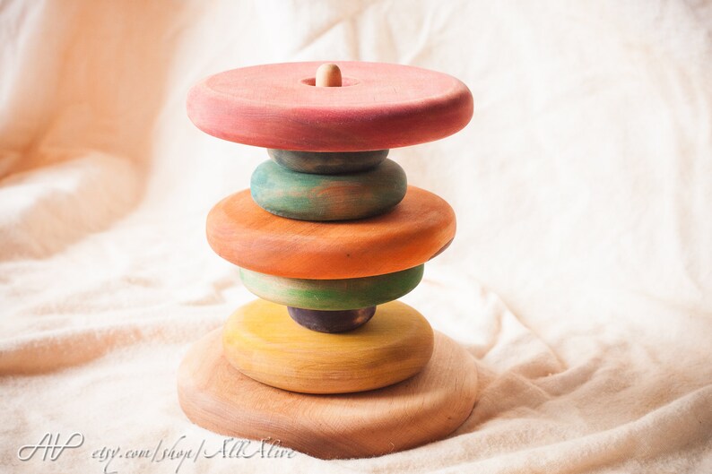 Classic Wooden Rainbow Pyramid Stacking Toy Colorful | Etsy