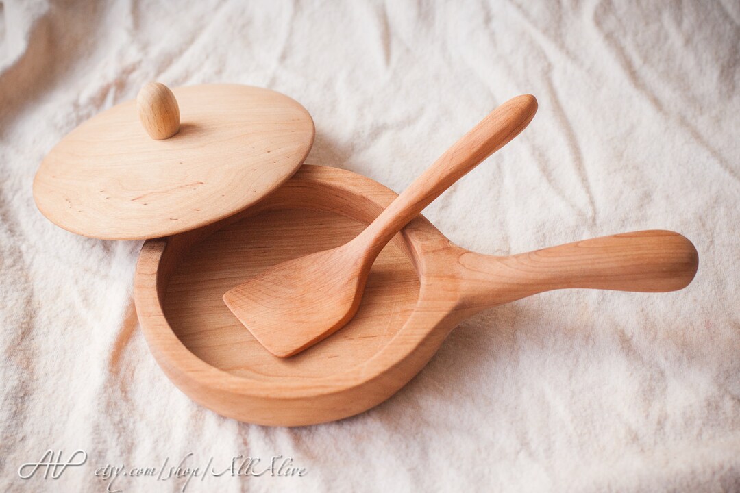 Wooden Toy Small Pan With Lid - Spatula - Pancakes - Wood Play Food ...