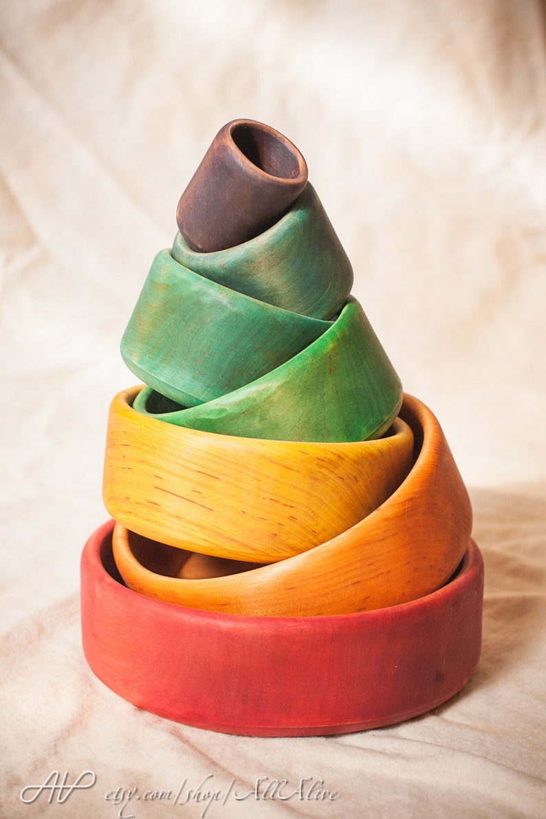 Wooden Rainbow Pyramid Stacking & Nesting Bowls Cups | Etsy UK