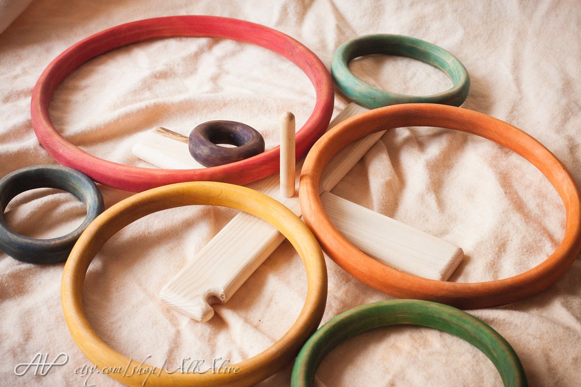 Wooden Rainbow stacking Circles set Throw Rings Game | Etsy