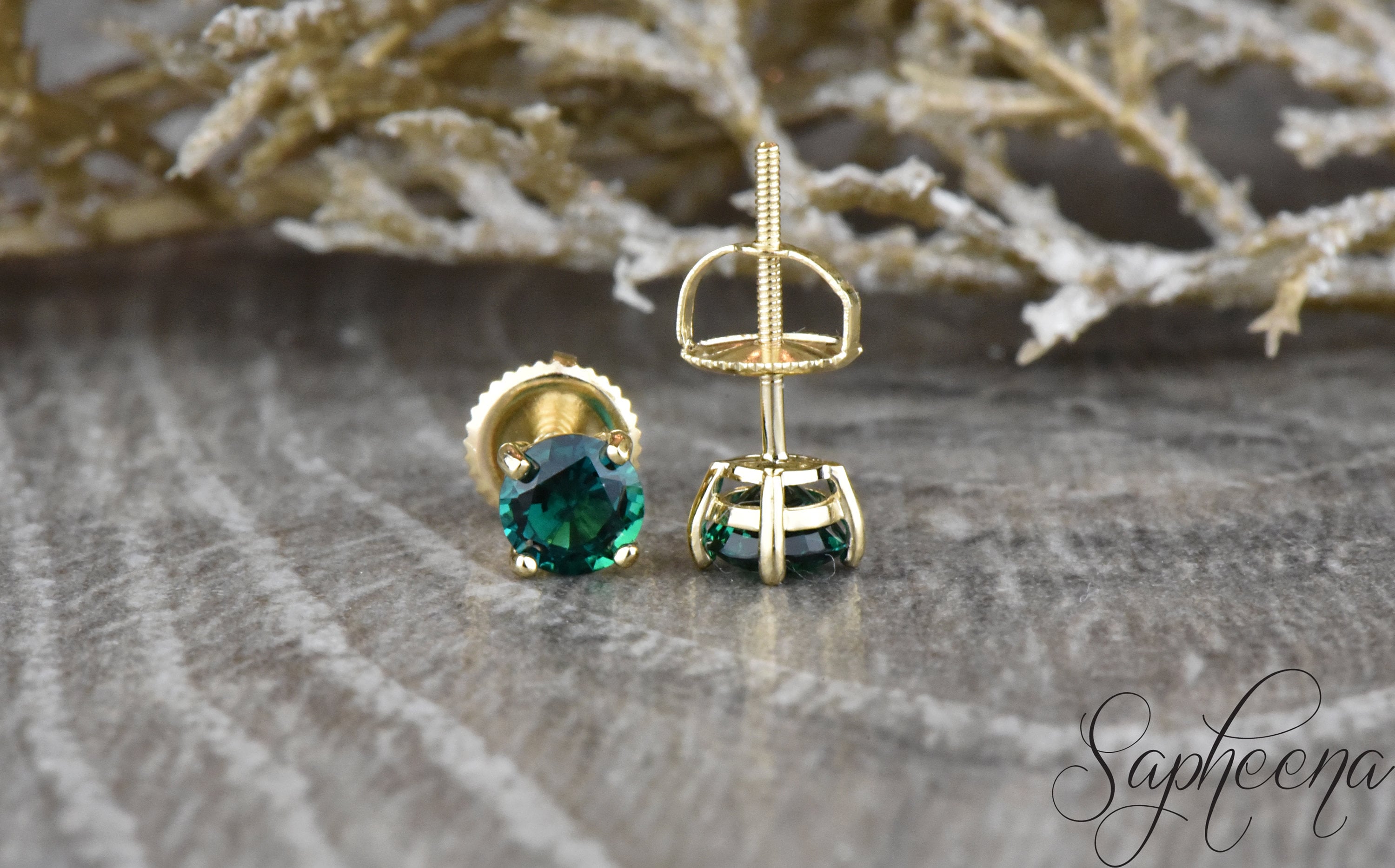 1ct Round Cut Green Emerald Earring Screw Back Studs solid 14k Yellow Gold Brilliant Green Emerald Earrings May Birthstone Studs Earrings Etsy