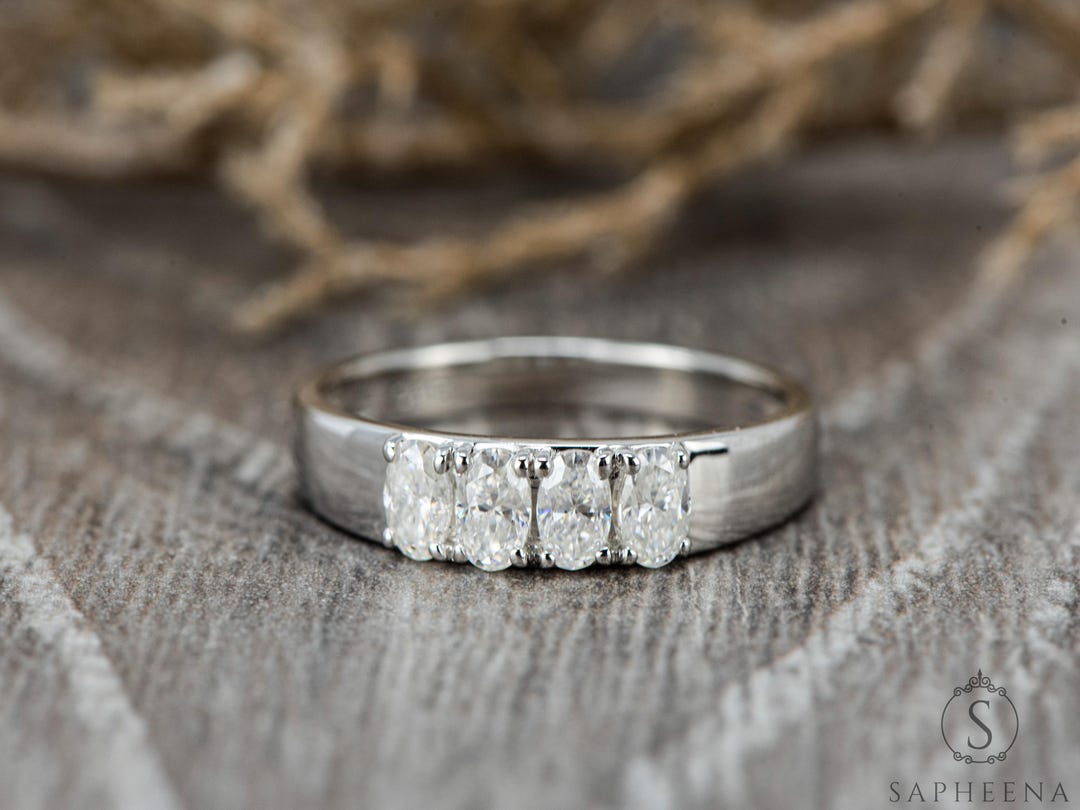 Four Stone Moissanite or Diamond Band • 5mm Solid Gold or Platinum ...