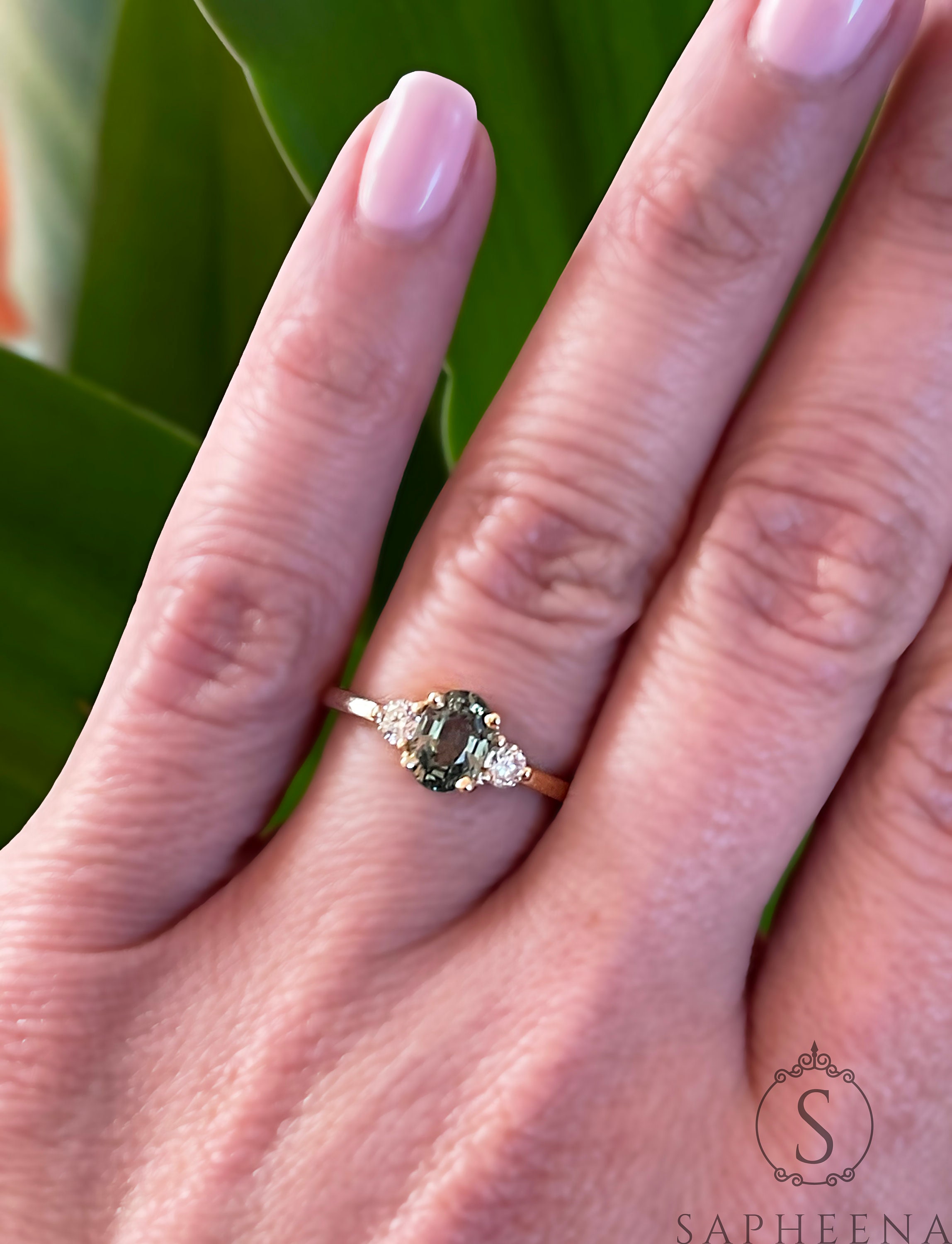 Green Sapphire Ring Three Stone Sapphire Engagement Ring Oval Yellow Gold Ring Diamond Gold Ring Triple Stone Sapphire Ring by Sapheena