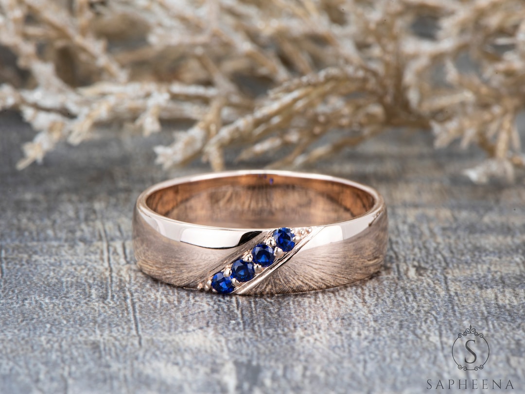 Mens Blue Sapphire Wedding Band, Round Cut Sapphire 14k Gold Ring, 6mm ...