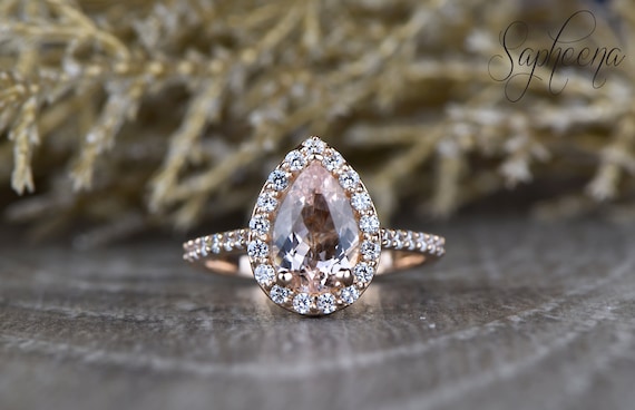 Pear Shaped Morganite Engagement Ring Diamond Halo Morganite - Etsy