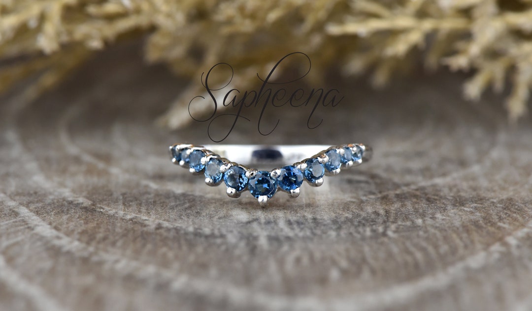 Blue Topaz Curved Wedding Band, Blue Topaz Tiara Band, Solid Gold 14k ...